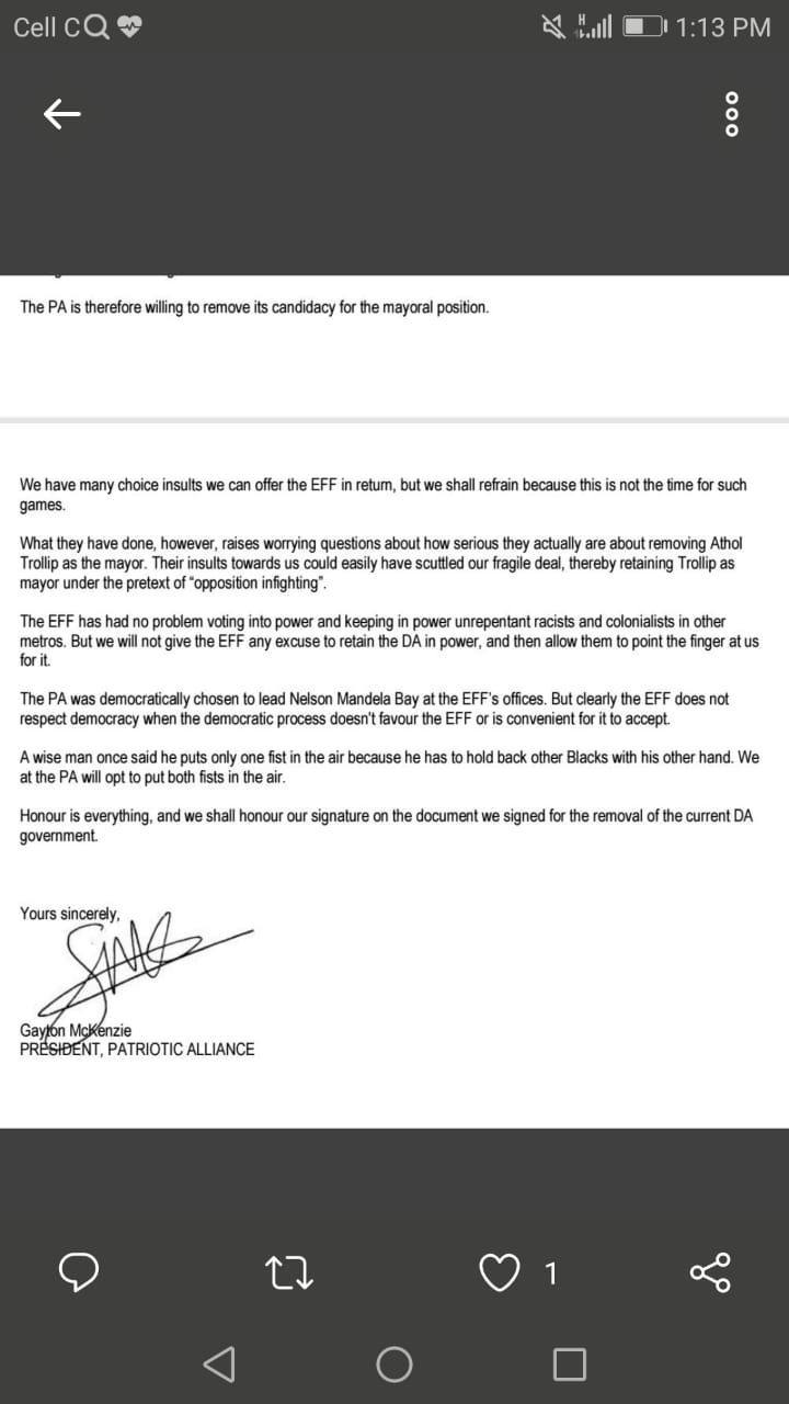 Rochelle de Kock on Twitter: "Just In: The Patriotic Alliance has responded to the EFF's late ...