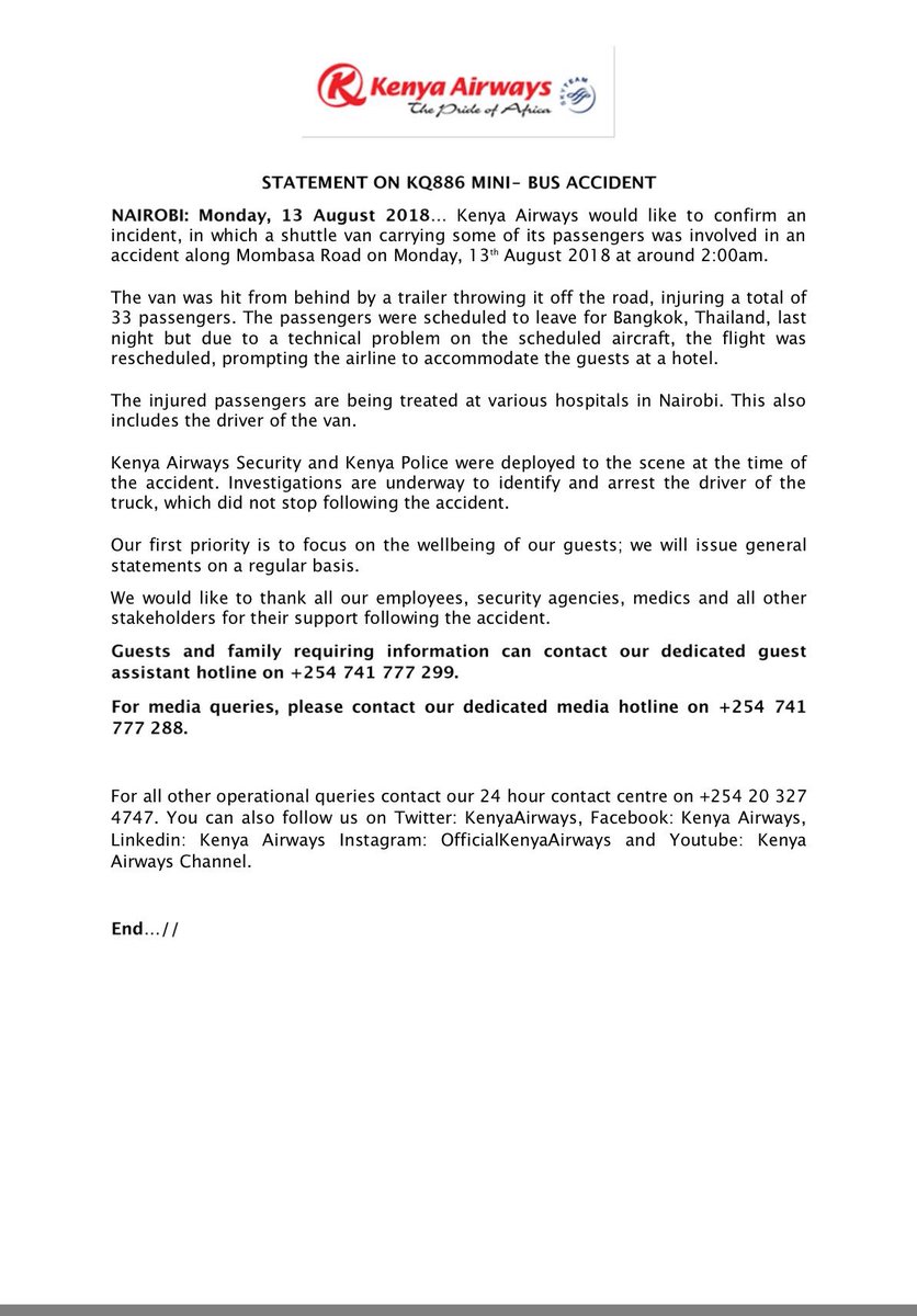 Statement by Kenya Airways on accident of their shuttle bus - ATC News ...
