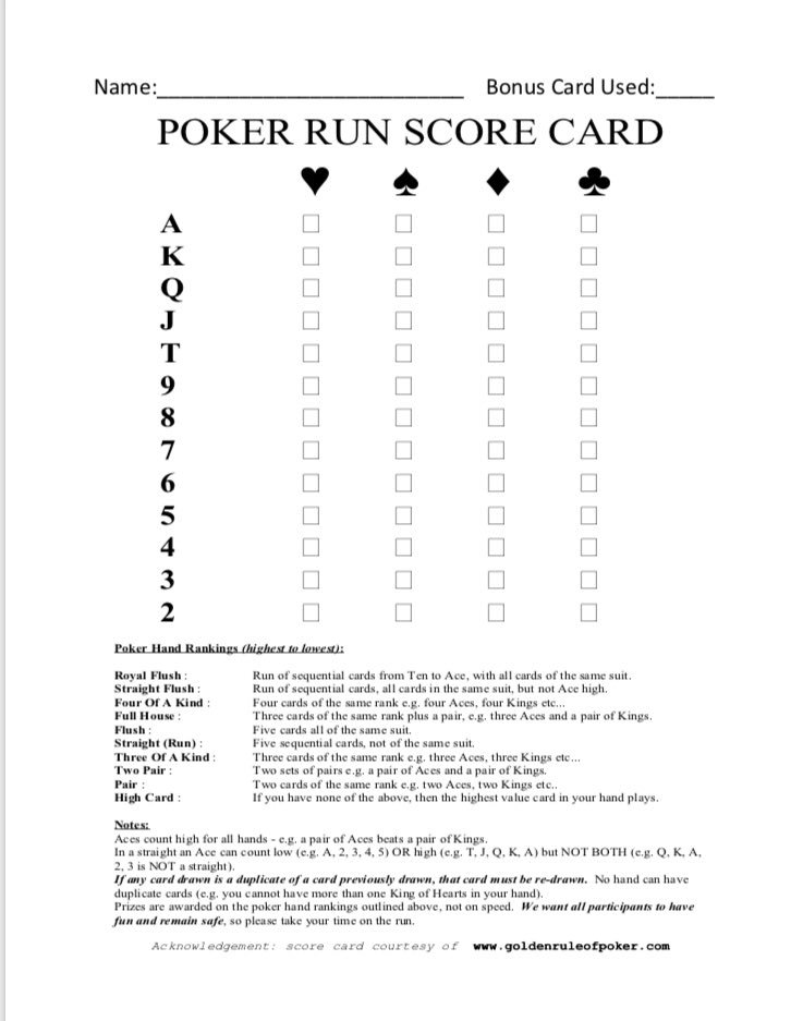 Poker Run Tally Cards