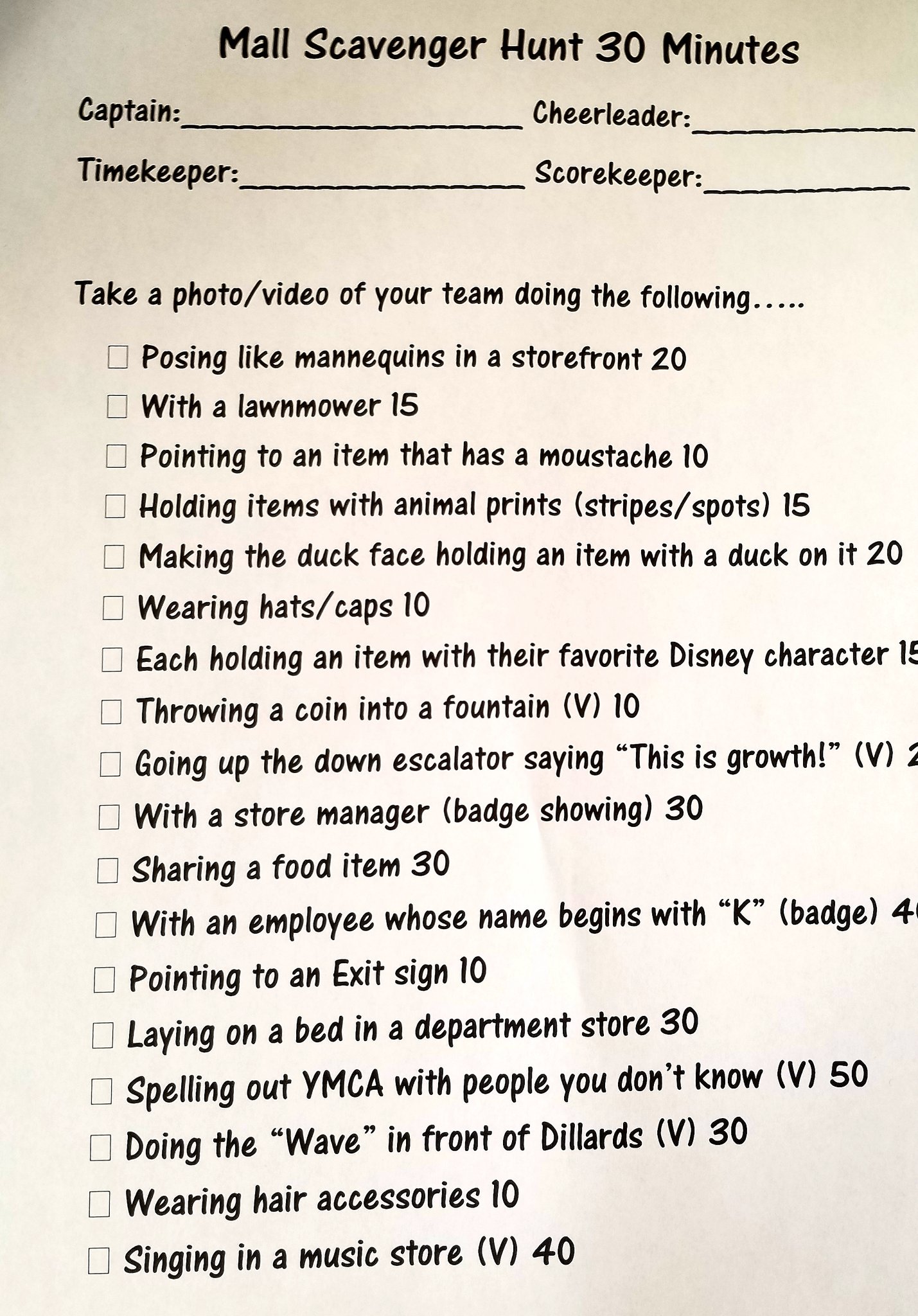 Mall Scavenger Hunt Ideas