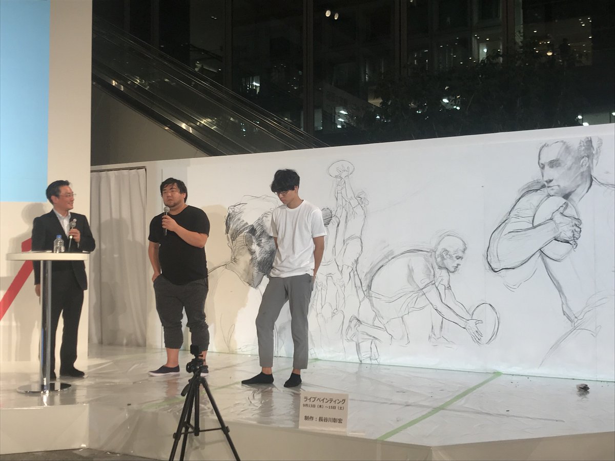 NIKKEI Rugby on Twitter: "ラグビーをテーマにした絵画も制作中。作者の1人、長谷川彰宏さん(写真右)は南ア戦の映像を見直し「屈強な人が(スクラムなどで)組み合うこと以上 ...