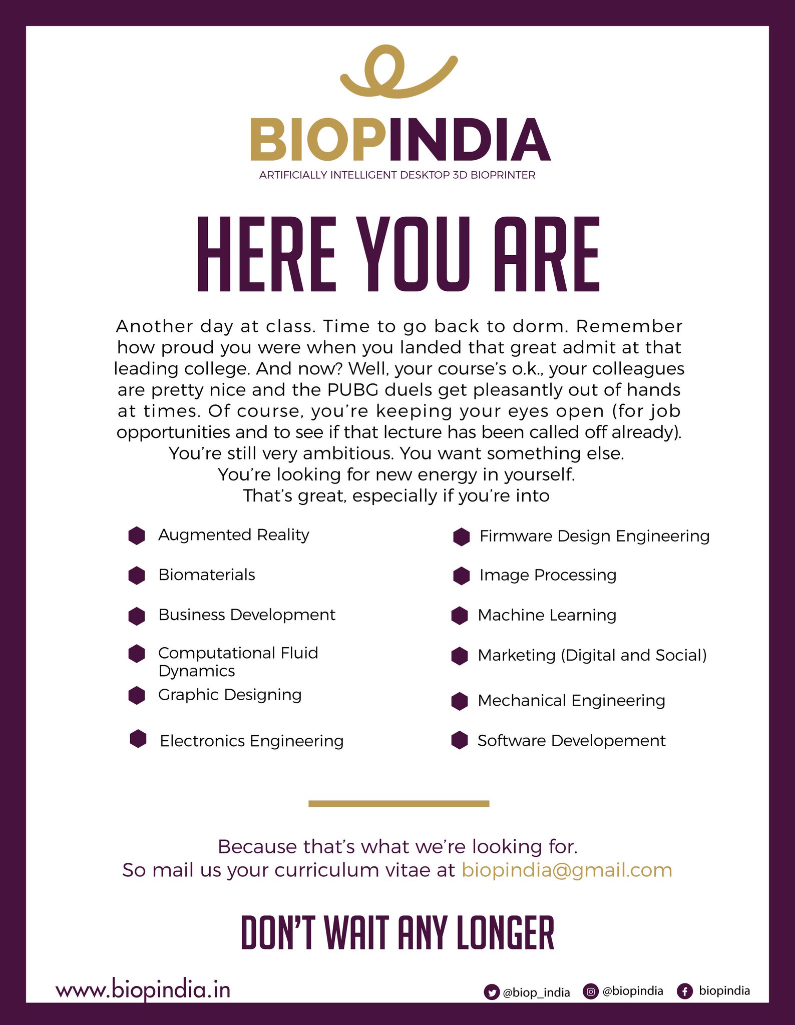 BioP India on Twitter: "Don't wait any longer. Email us at biopindia@gmail.com. https://t.co ...