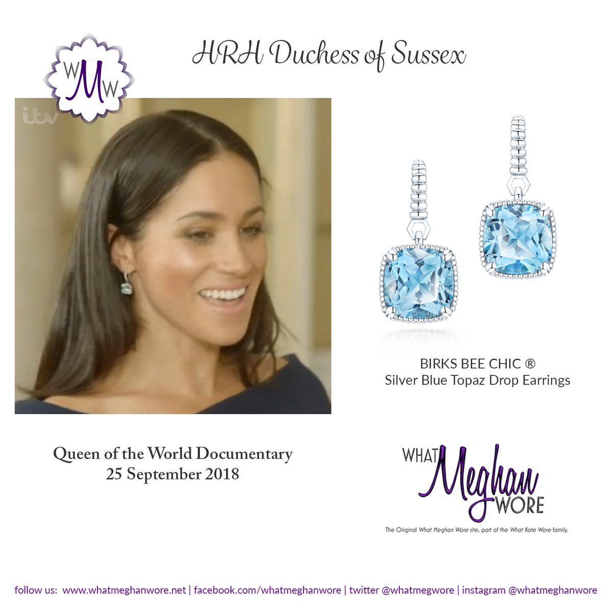 What Meghan Wore X In QueenOfTheWorld Meghan is wearing birks Bee Chic Blue Topaz drop earrings with her RolandMouret dress. ITV duchessofsussex MeghanMarkle whatmeghanwore https t 4sEqE8xAuz https...