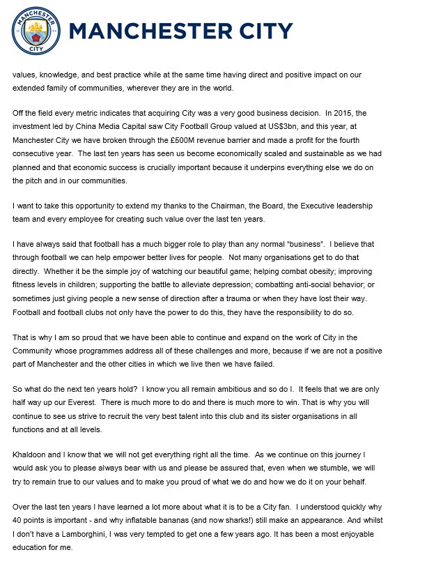 A letter from Sheikh Mansour... | Bluemoon - the leading Manchester ...