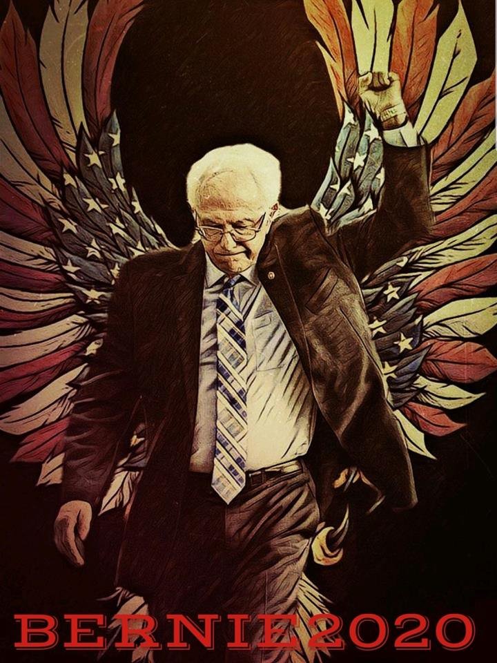 There's a Bernie 2020 poster with eagle wings behind Bernie raised up ...