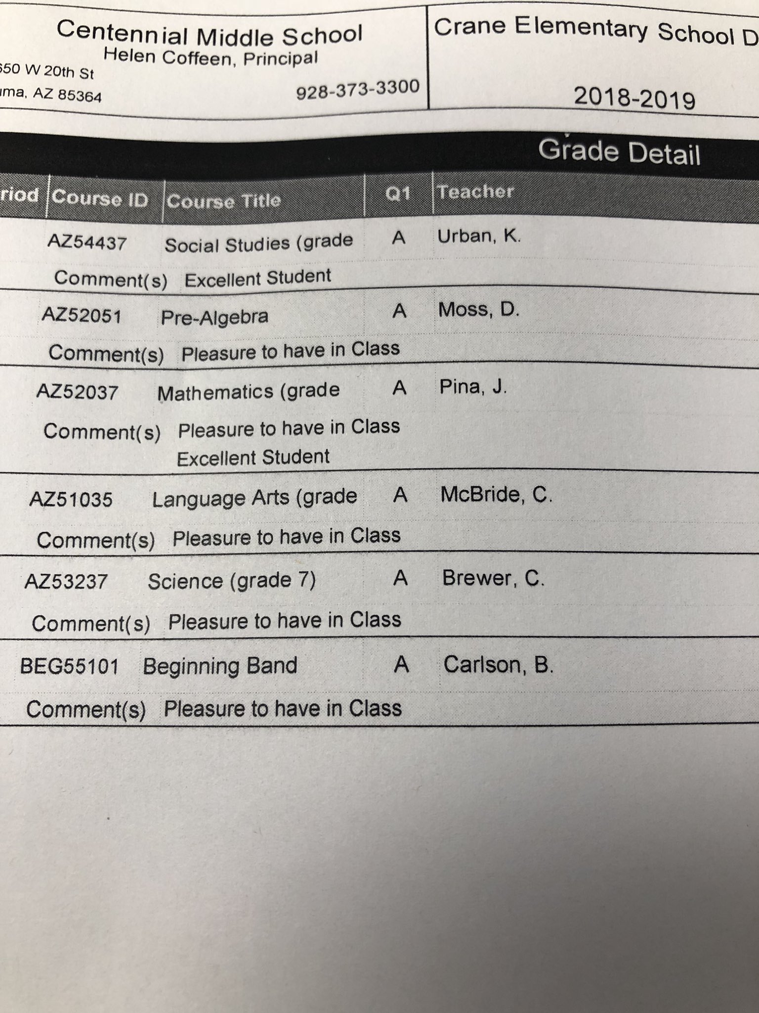 Good Grades In School Report Card