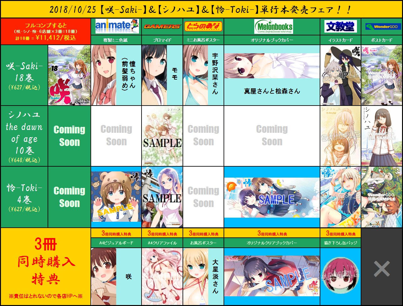 45927・田中 on Twitter: "＜特典情報・ver2＞ 2018年10月25日発売の【咲-Saki-18巻】＆【シノハユ10巻】＆【怜-Toki-4巻】の特典情報を更新しました ...