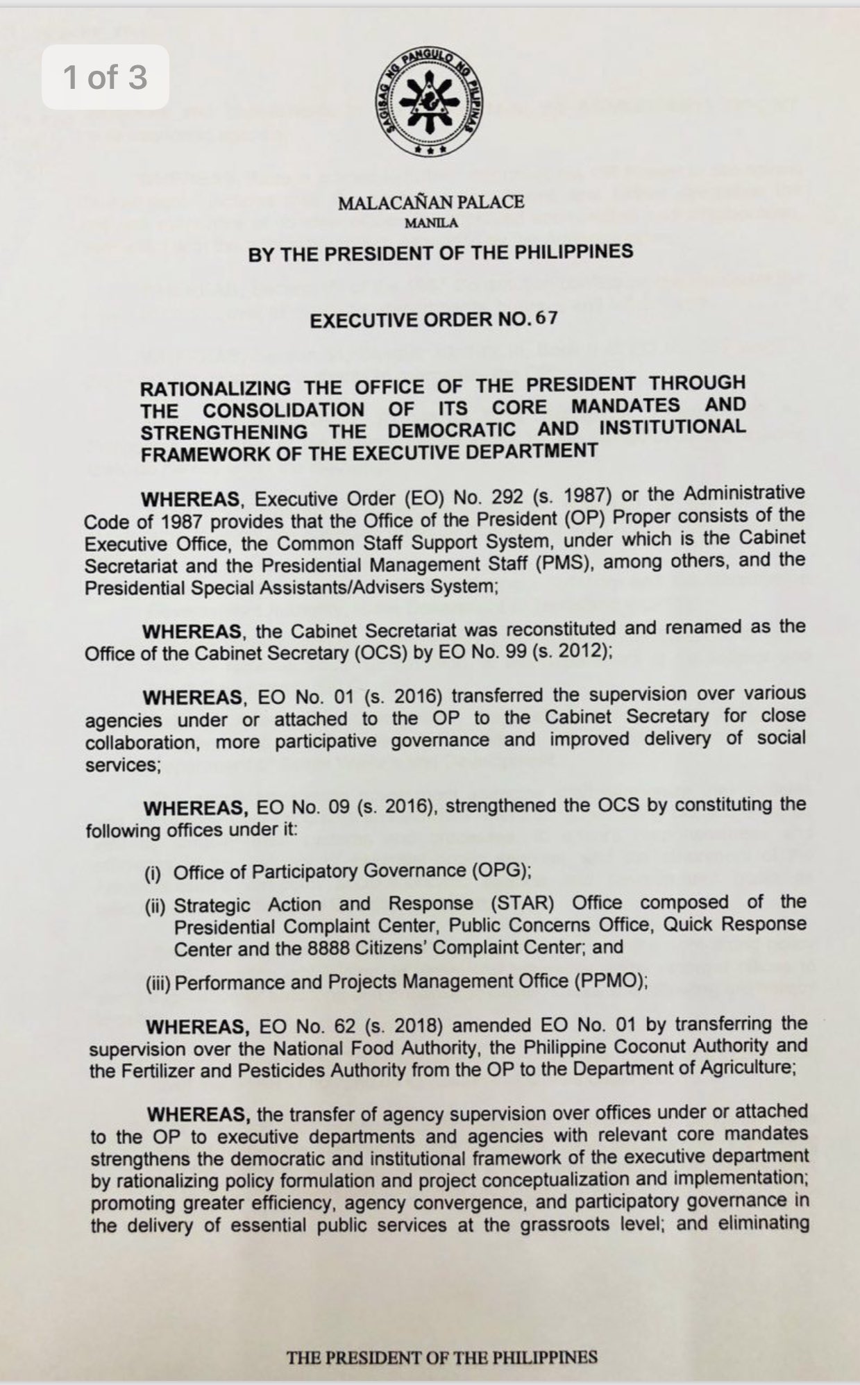 ABS-CBN News on Twitter: "BASAHIN: Executive Order 67 na nag-uutos na ilipat ang ilang ahensya ...