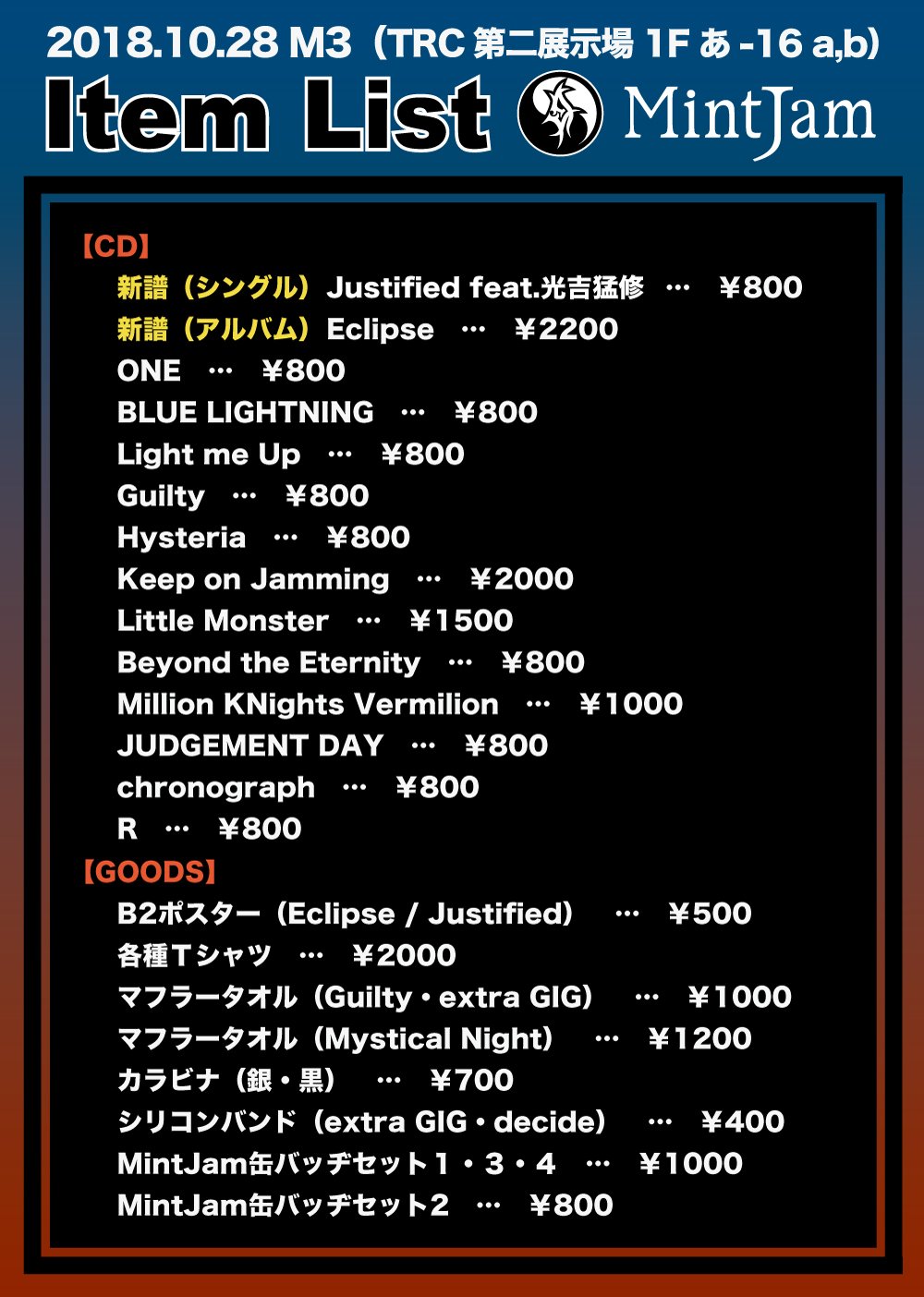 MintJam Official on Twitter: "10/28のM3頒布物リストです。会場（MintJamはTRC第二展示場 1階 あ-16 a,b）にお越しの際にご利用下さい。今回の ...