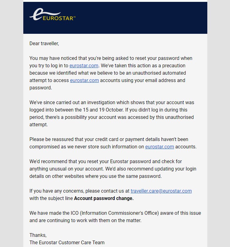 Eurostar Resets Users' Passwords After Potential Data Breach Eurostar Resets Users' Passwords After Potential Data Breach