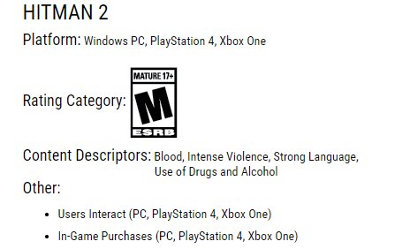 ESRB on X Hitman 2 PC PS4 XboxOne from IOInteractive and wbgames is rated MforMature Click here for more https t b471Y0B7GF https t i77hTYQYct X