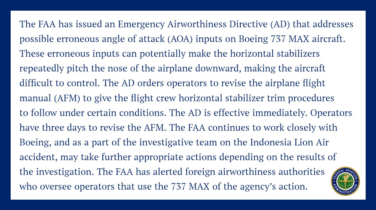 FAA statement on the Emergency Airworthiness Directive (AD) for all 737 ...