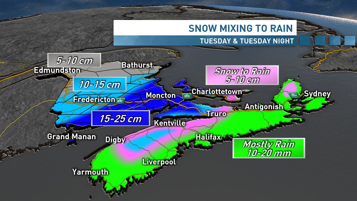 Updated Maritimes snowfall map for today & tonight. Tough forecast with ...