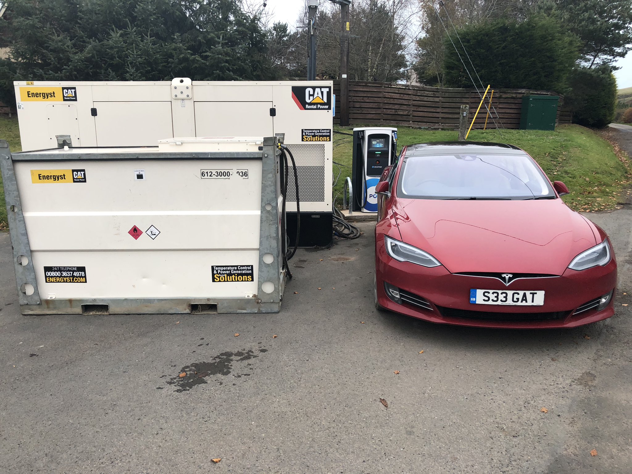 Simon on X Tesla being charged from a 500kva diesel generator public charger in the borders Scotland. Tesla Unbelievable https t Hwd5CalBNV X