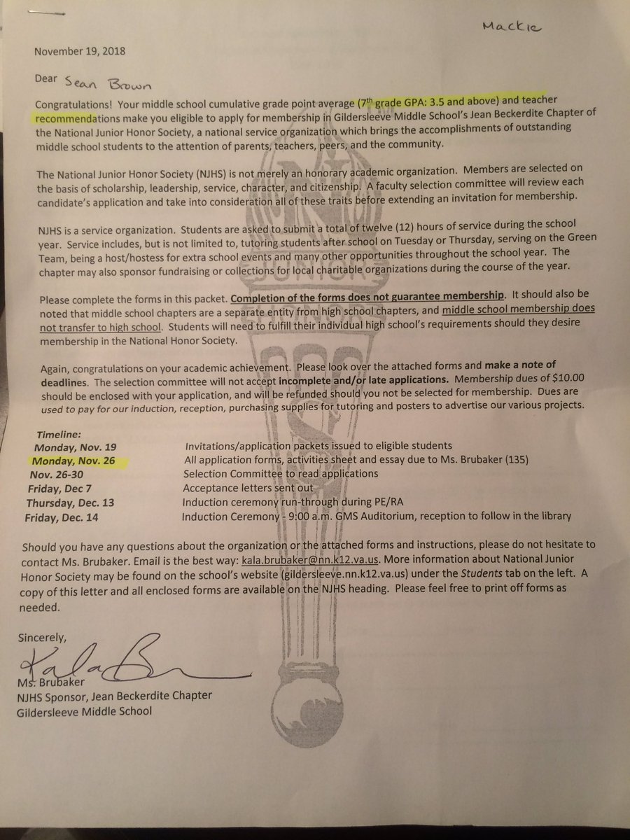 National Honor Society Acceptance Letter