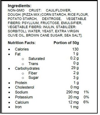 Toppers Pizza Cauliflower Crust Nutrition Facts