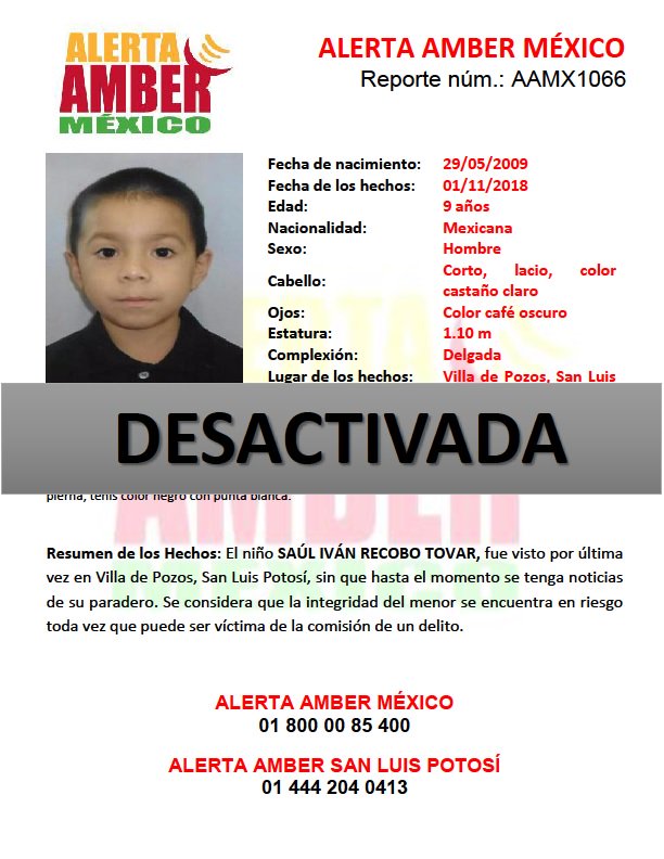 Se desactiva la AlertaAmberMx del niño SAÚL IVÁN RECOBO TOVAR de 9 años ...