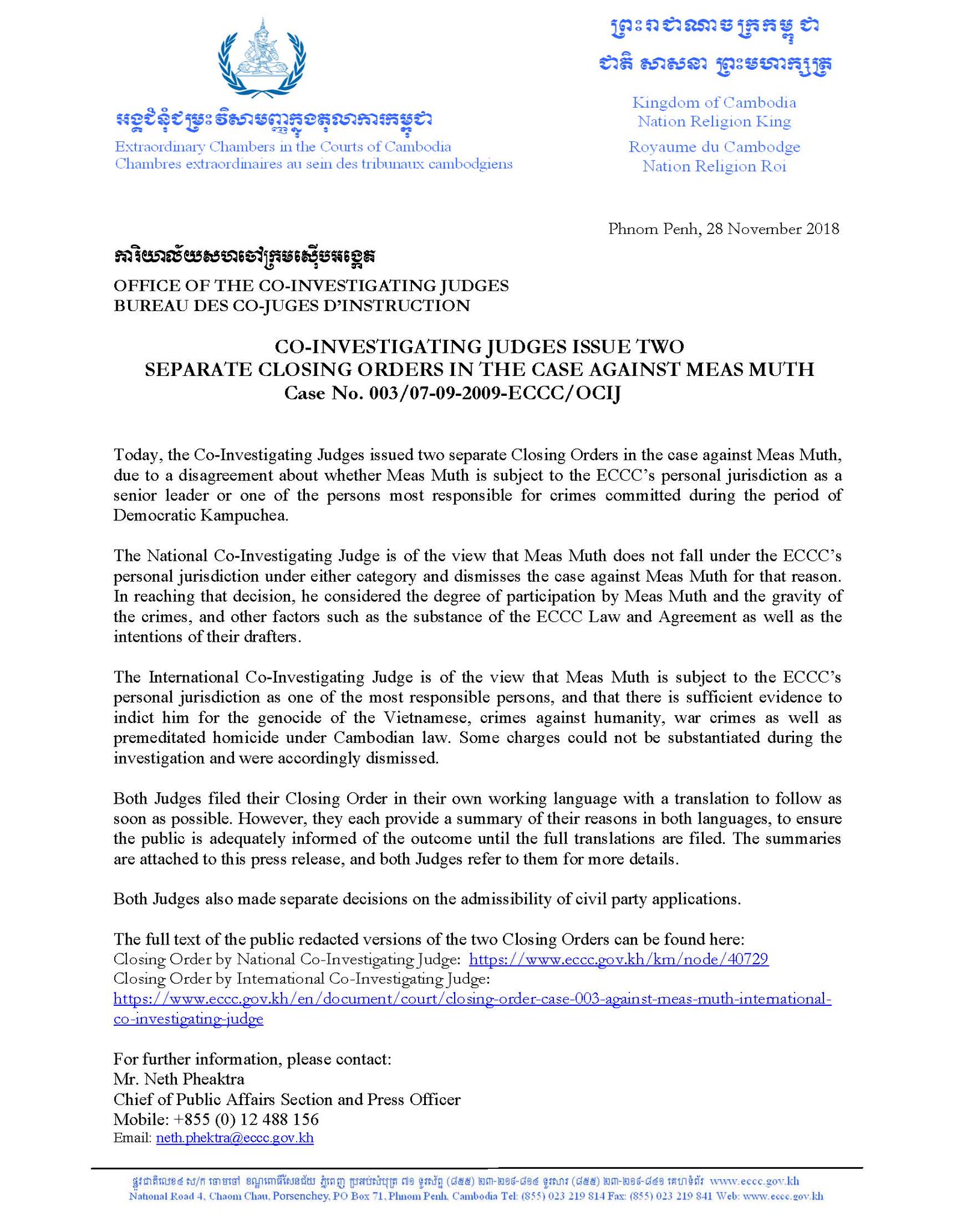 KR Tribunal (ECCC) on Twitter: "#ECCC OCIJ issued two separate Closing Orders in the case ...