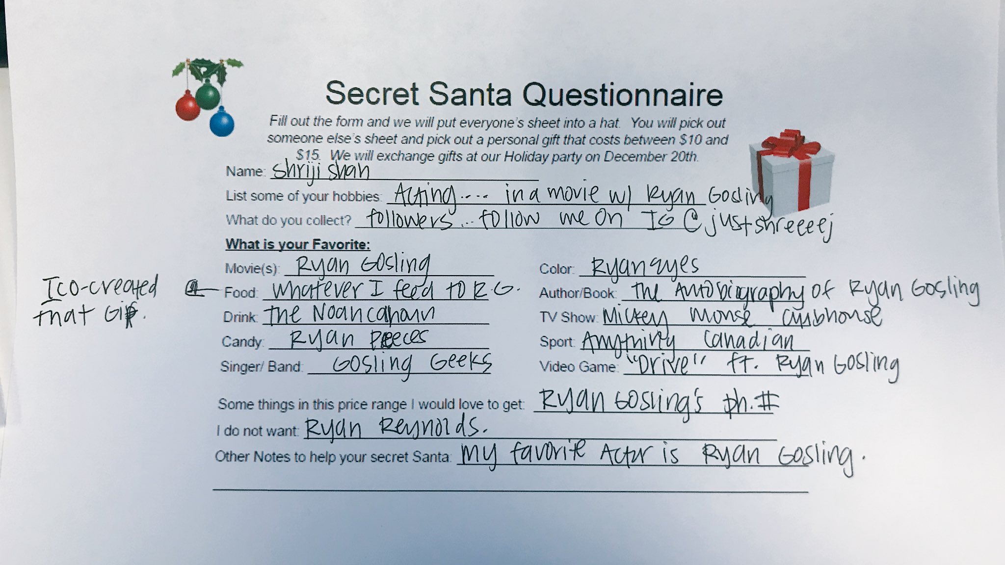 Secret Santa Form To Fill Out
