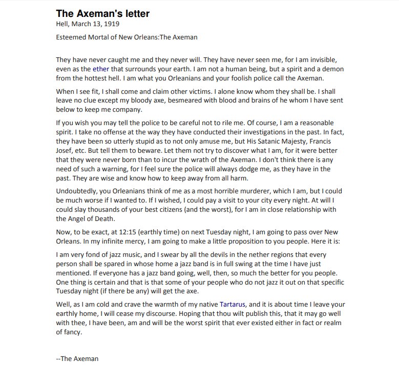 A thread written by @truecrimett: "The Unsolved Case of the Axeman Of ...