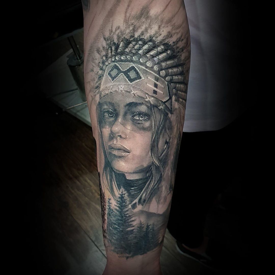 Black Native American Girl Tattoo