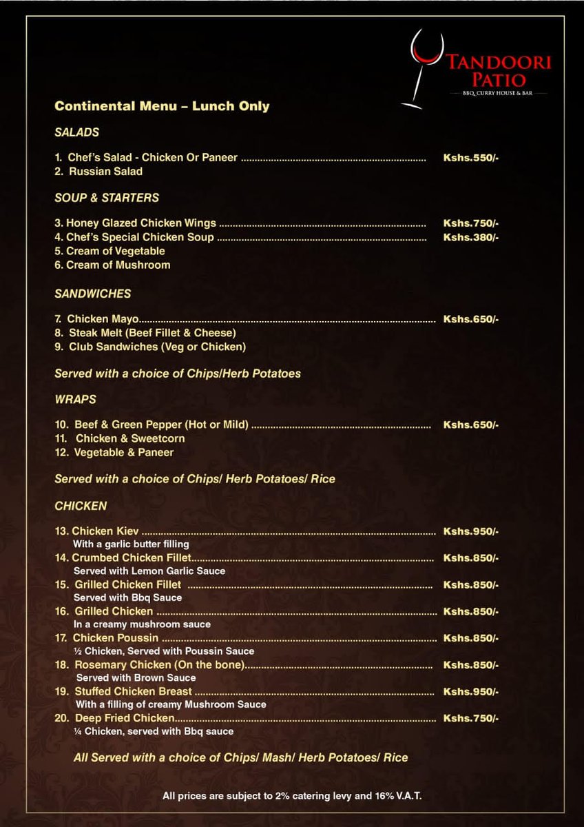 Continental Lunch Menu