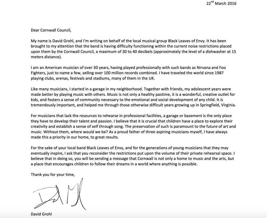 [Text]Dave Grohl's letter to Cornwall Council regarding noise ...