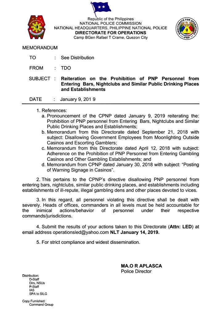 Read Memorandum Issued By The Pnp Prohibiting Cops From Entering Bars