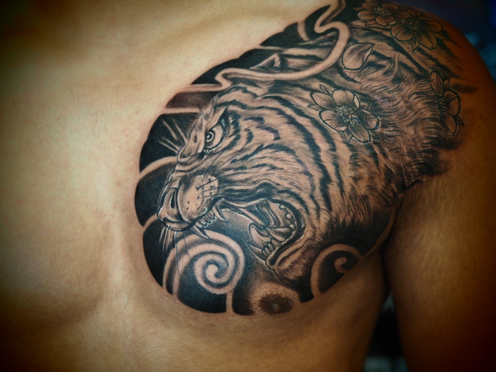 Tribal Tiger Chest Tattoo