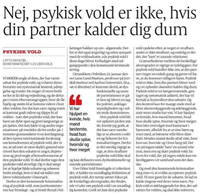 Lev Uden Vold on Twitter: "Den kommende kriminalisering af psykisk vold vil få stor betydning ...