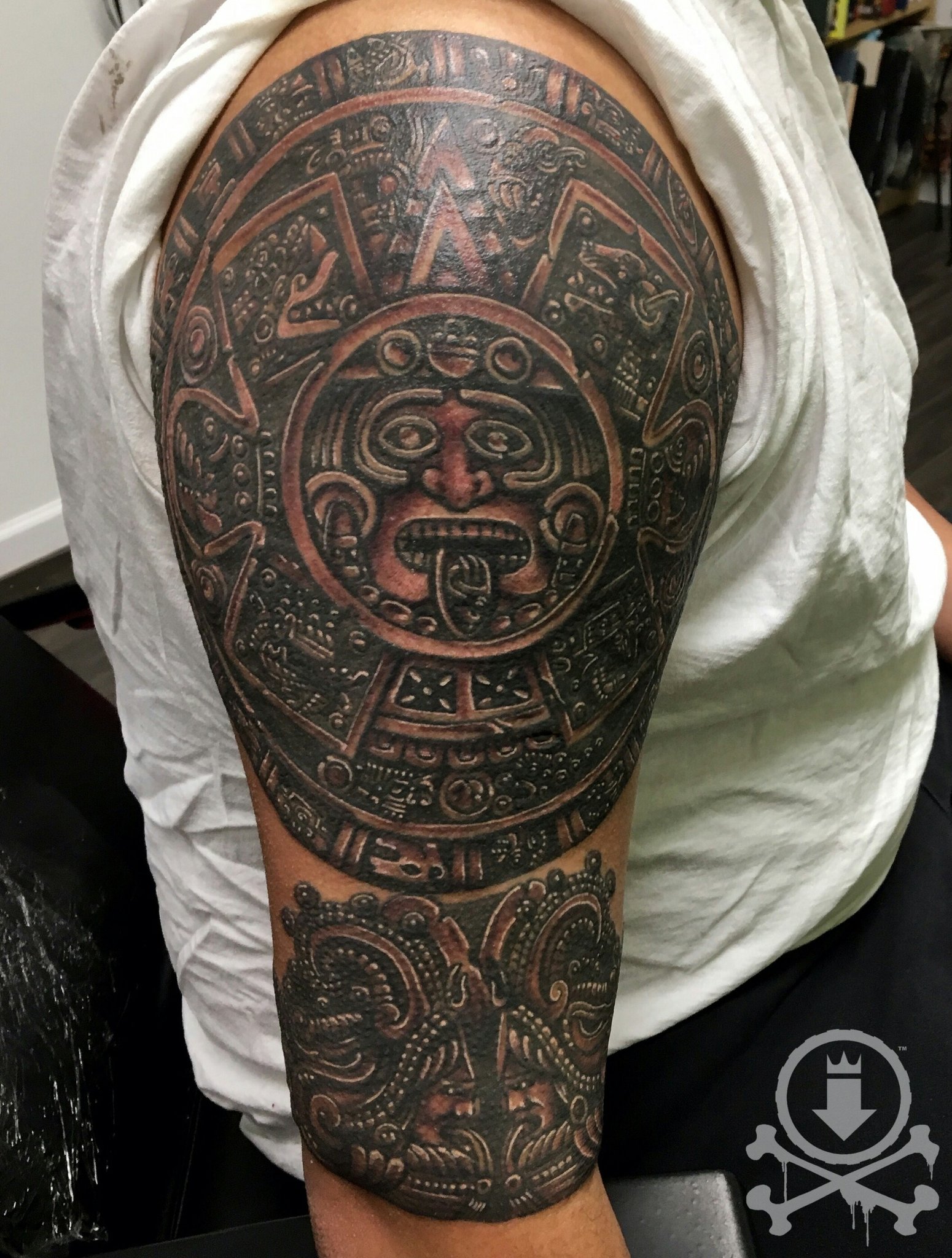 Aztec Calendar Sleeve Tattoos