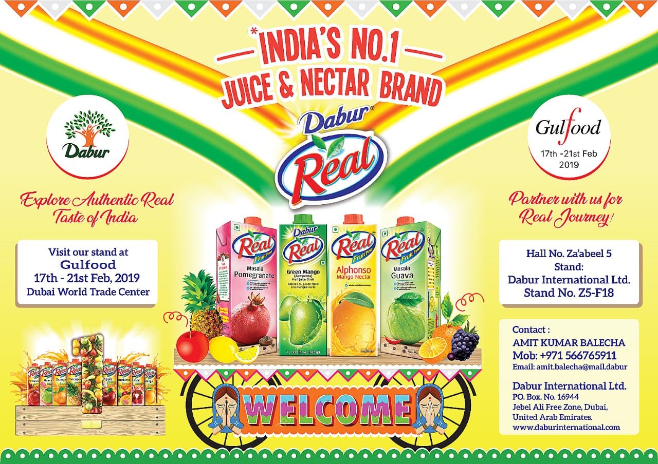 Dabur International on X Dabur Real Juices India s No 1 Juice Nectar Brand is participating at Gulf Food 2019. Meet us to experience authentic Indian flavors exciting business opportunities
