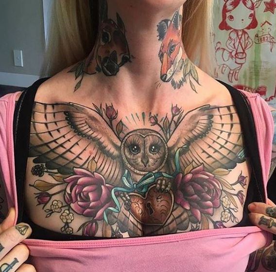 Traditional Owl Chest Tattoo