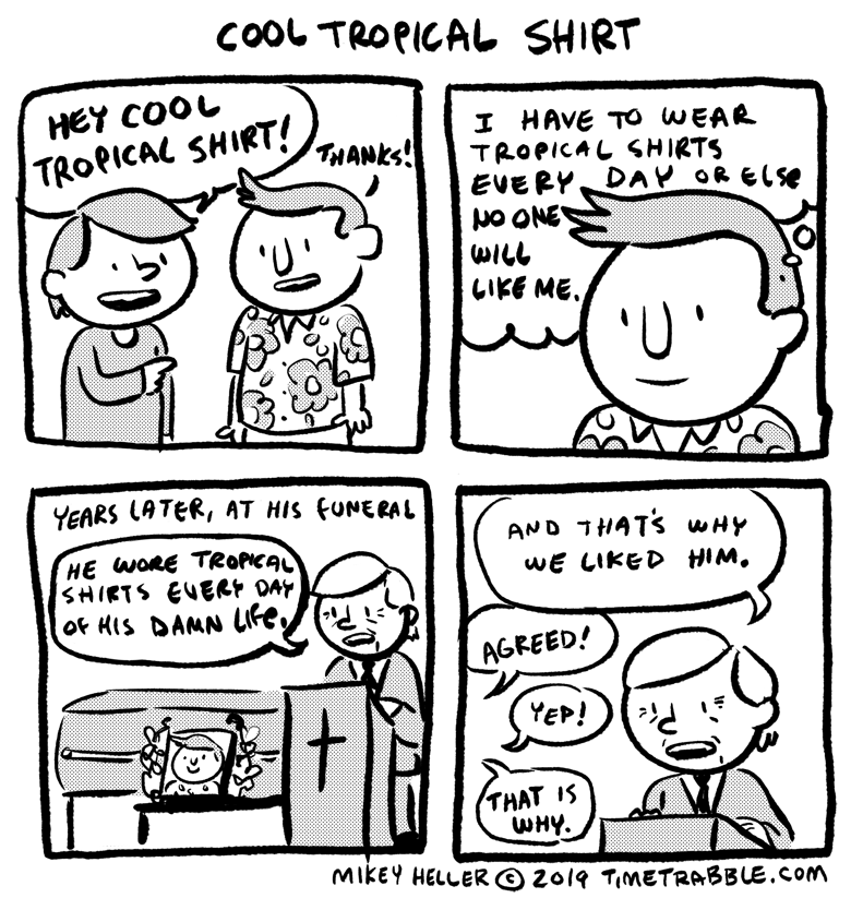 「i drew a comic about wearing a cool tropical shirt 」Mikey Hellerの漫画