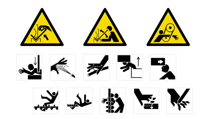株式会社石井マーク on Twitter: "いずれも所謂「重機」すなわちドラグショベルなど土工機械/建設機械に貼付される危険表示図記号ですね。 これらはISO 9244・JIS A 8312 ...