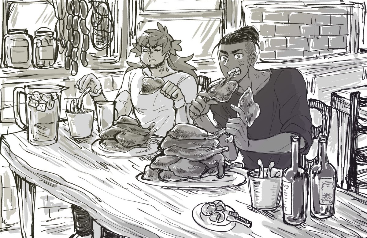 「痴話喧嘩中にチキンを山盛り食うdnkb (dndは無言でモリモリ食べるしkbnはやけ食い気味) 」おとはる🏀の漫画