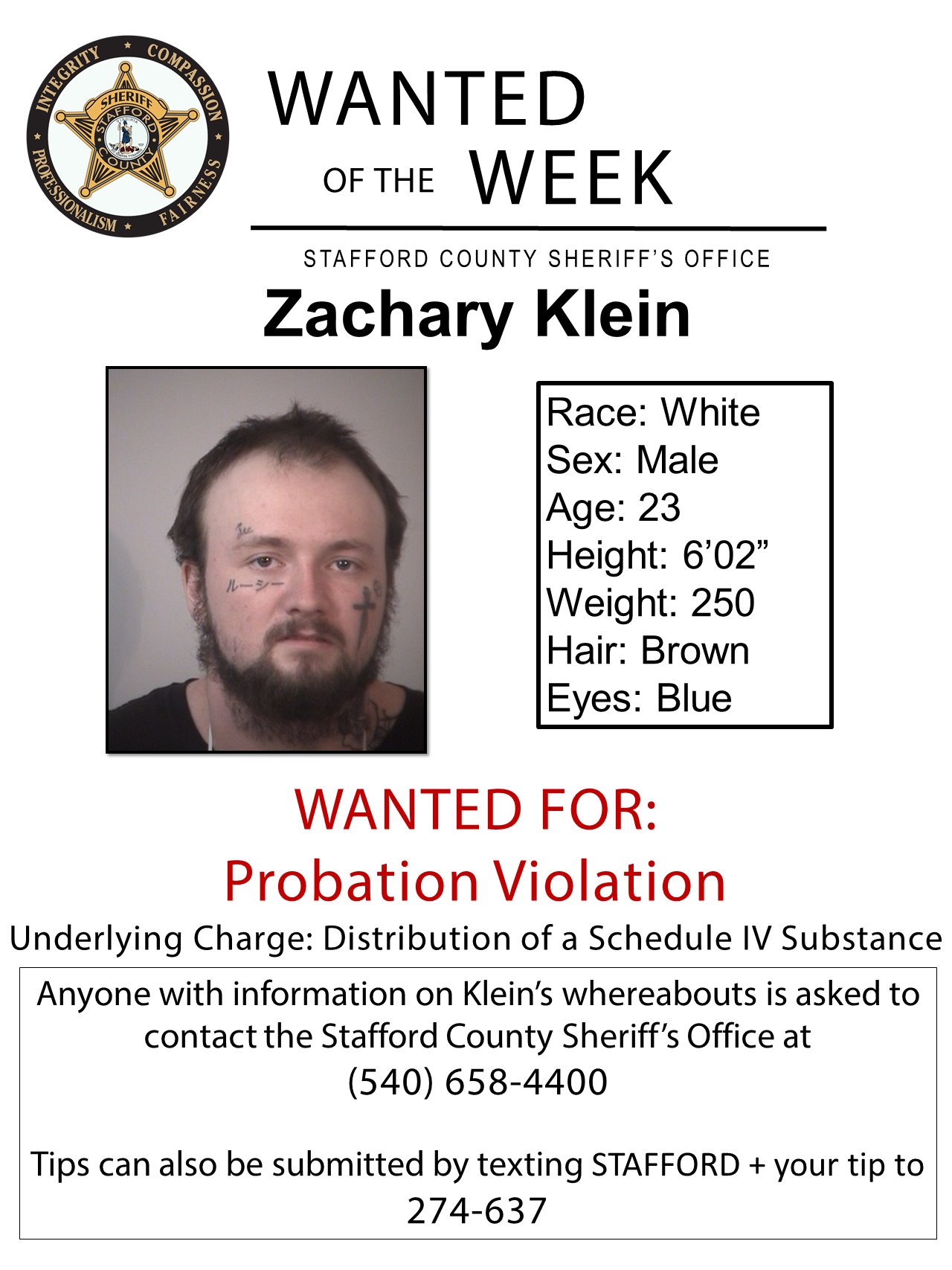 Staffordcosheriff On Twitter Zachary Klein 23 Of Fredericksburg Is