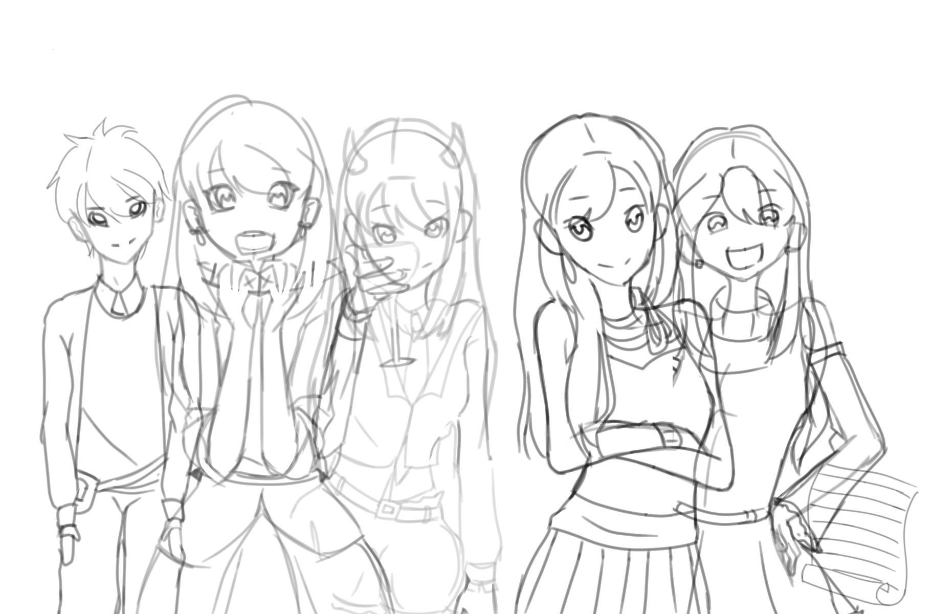 Group Of Friends Anime Drawing