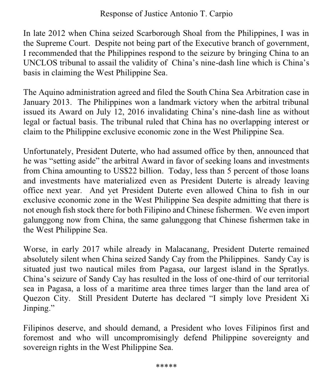 CNN Philippines on Twitter: "LOOK: Retired Senior Associate Justice Antonio Carpio responds to ...
