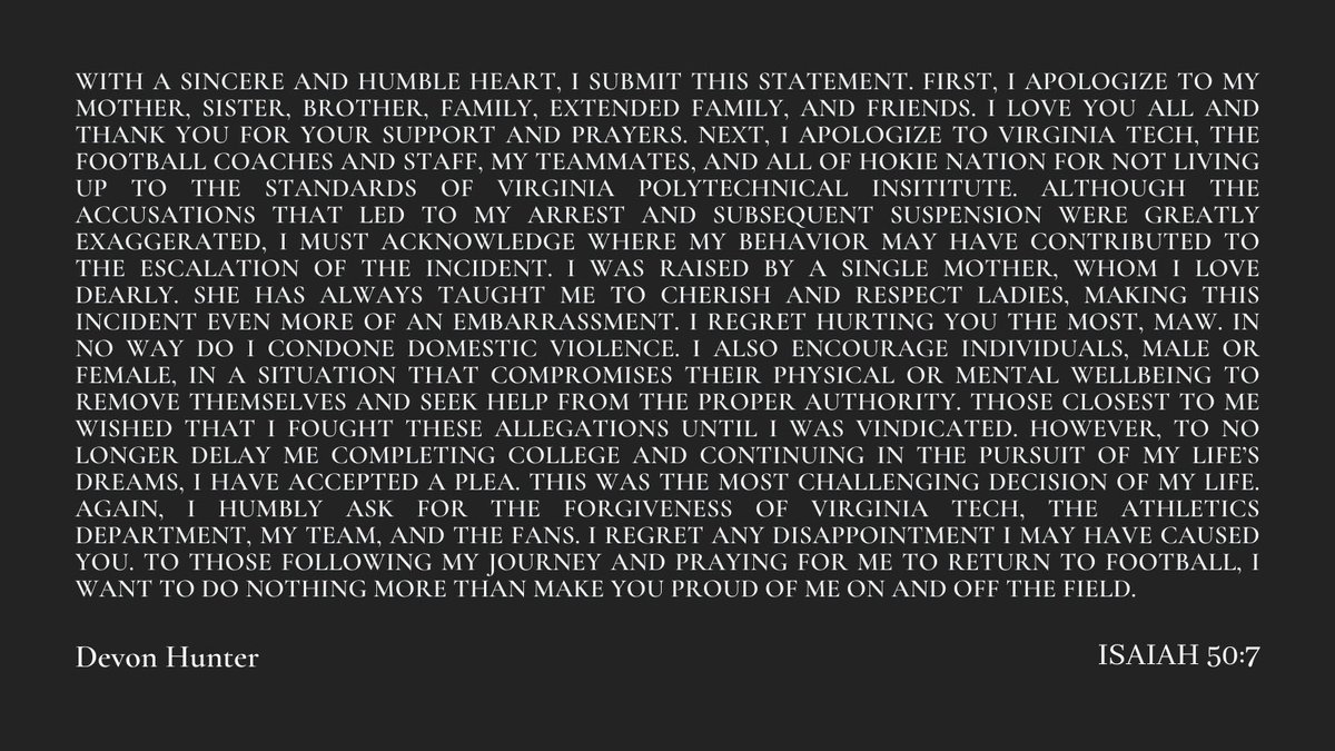 Virginia Tech safety Devon Hunter accepts plea, issues apology ...