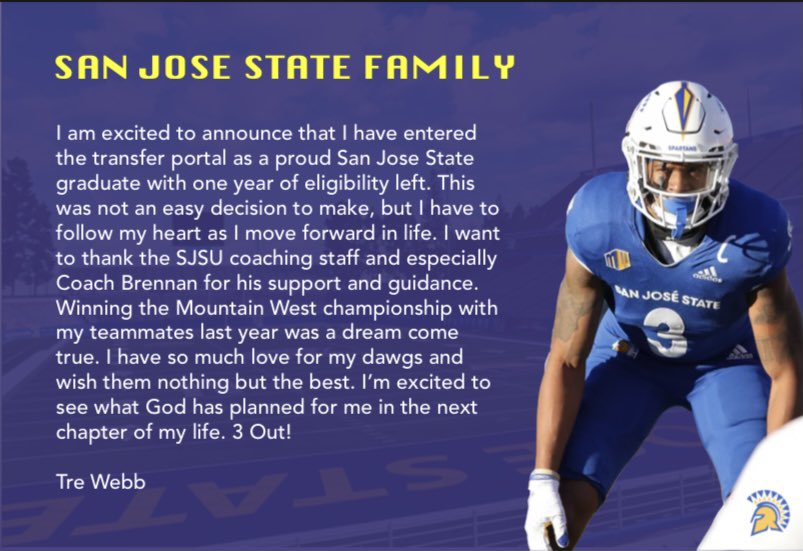 San José State safety Tre Webb has entered the transfer portal : r/CFB
