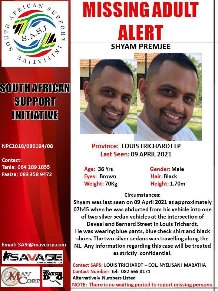 Yusuf Abramjee on Twitter: "Shyam Premjee is missing for 28 days now. He was kidnapped in ...