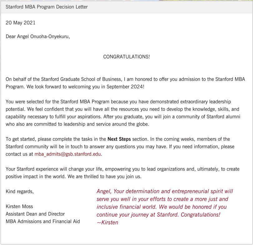 Stanford Acceptance Email