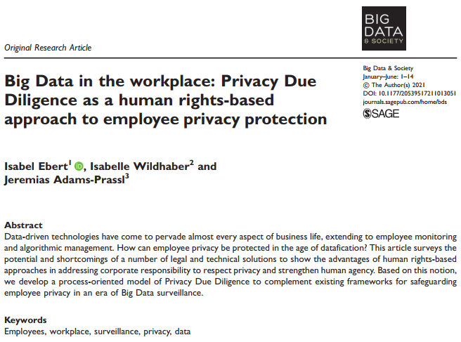 Big Data & Society on Twitter: "New paper🚨 Big Data in the workplace: Privacy Due Diligence as a ...