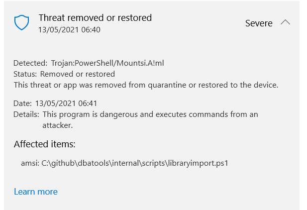dbatools on Twitter: "The Windows Defender issue some of you are seeing is a *False Positive ...