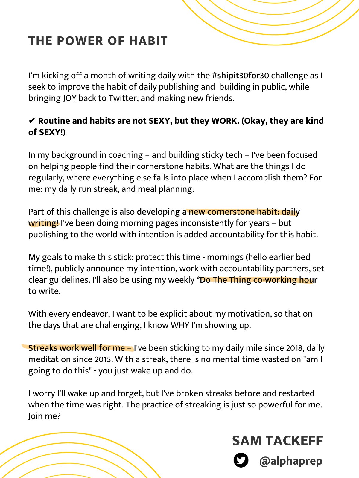 Sam Tackeff 👋 on Twitter: "I'm kicking off a month of writing daily with the #shipit30for30 ...