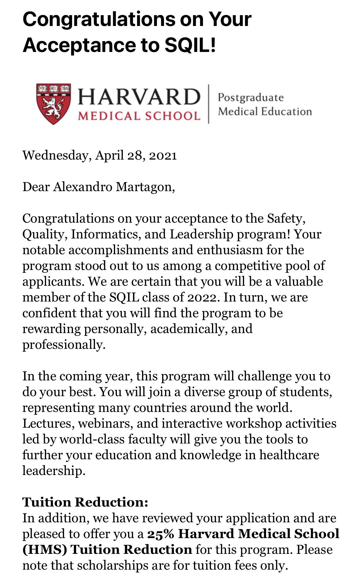 Harvard Medical School Acceptance Letter
