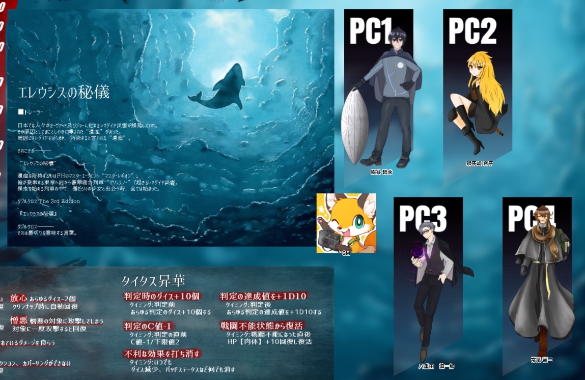 水無月 on Twitter: "DX3rd「エレウシスの秘技」 GM:kitune3uさん PC／PL 霧谷 碧永 ／チェレスさん 獅子崎 音子 ／水無月 八重田 慎一郎／ねもさん 常葉 ...