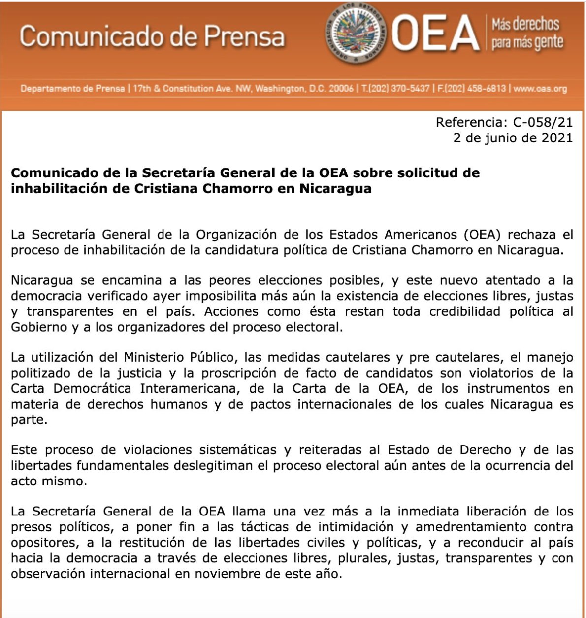 OEA on Twitter: "Comunicado de la Secretaría General de la OEA sobre solicitud de inhabilitación ...