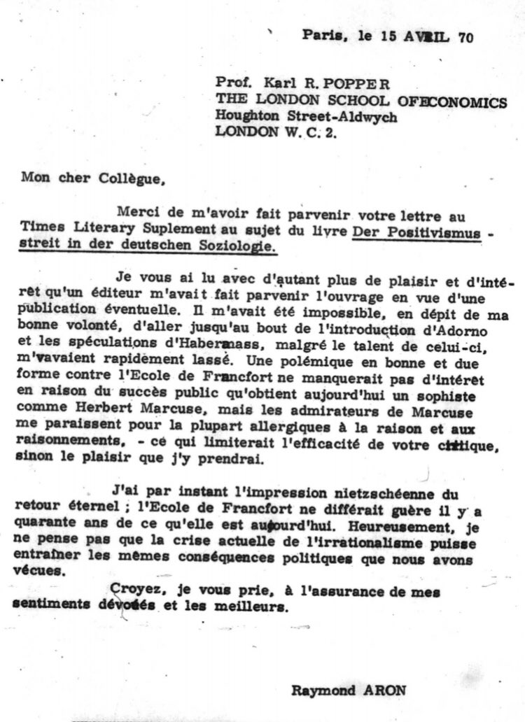 A letter exchange between Karl Popper and Raymond Aron regarding the ...